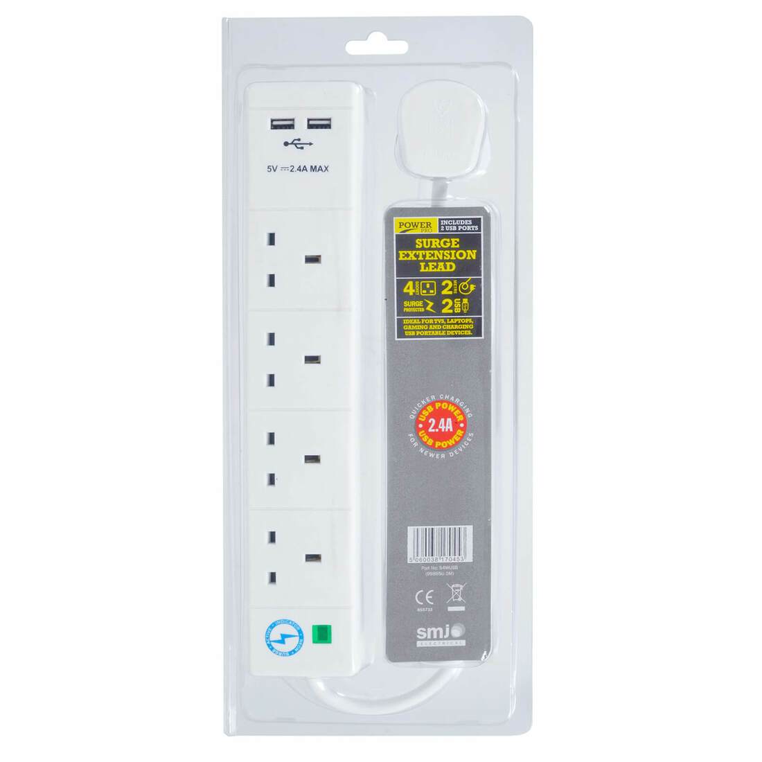 4 Socket 2 USB 2m Cable Surge Protected Extension Lead White – XS-Stock.co.uk