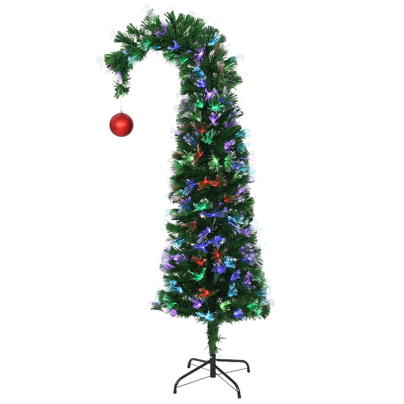 5ft Green Fibre Optic Lights Curved Bent Top Christmas Tree Red Bauble ...
