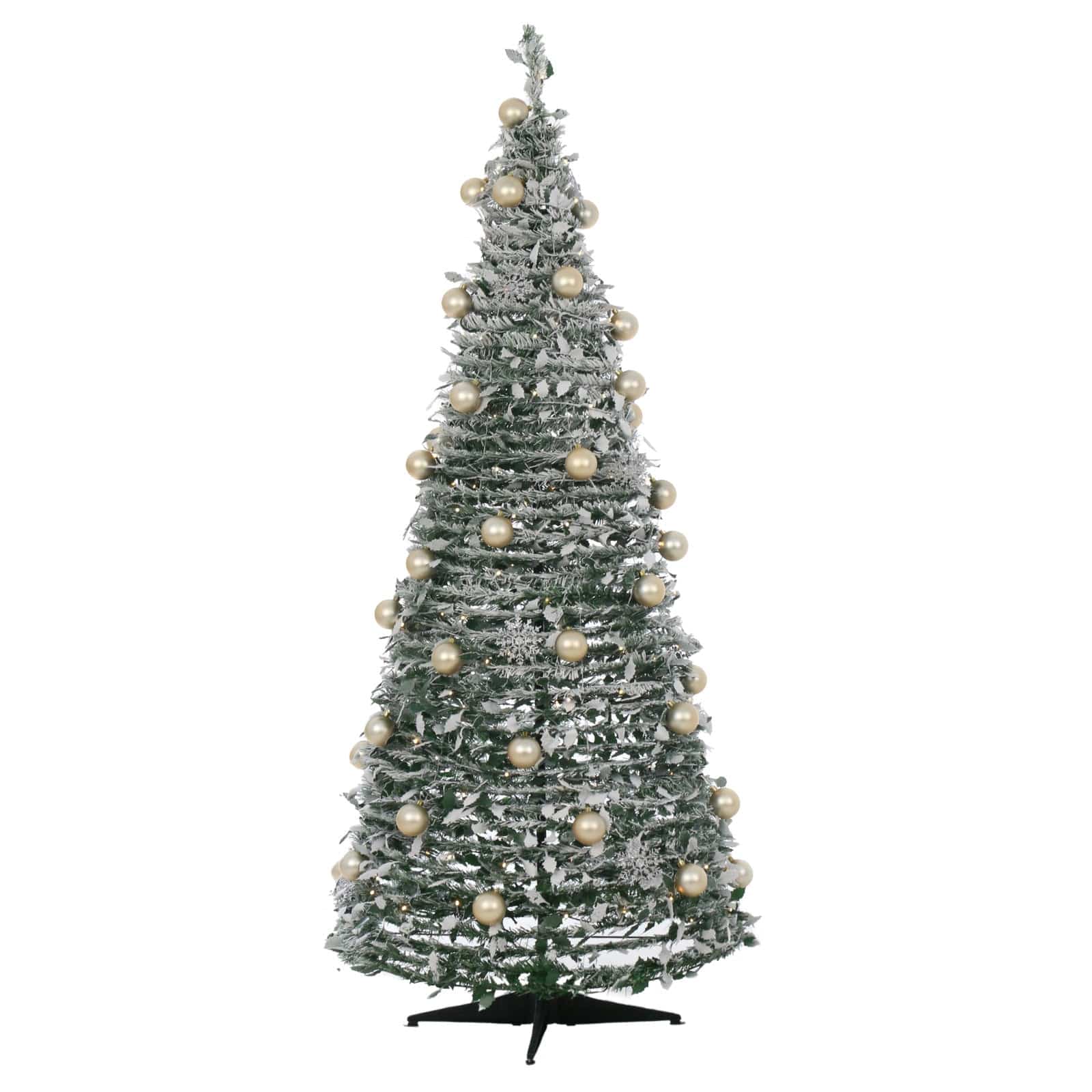 Mr Crimbo 6ft Pop Up Pre-Lit Christmas Tree Baubles Flocked Holly Leaf ...