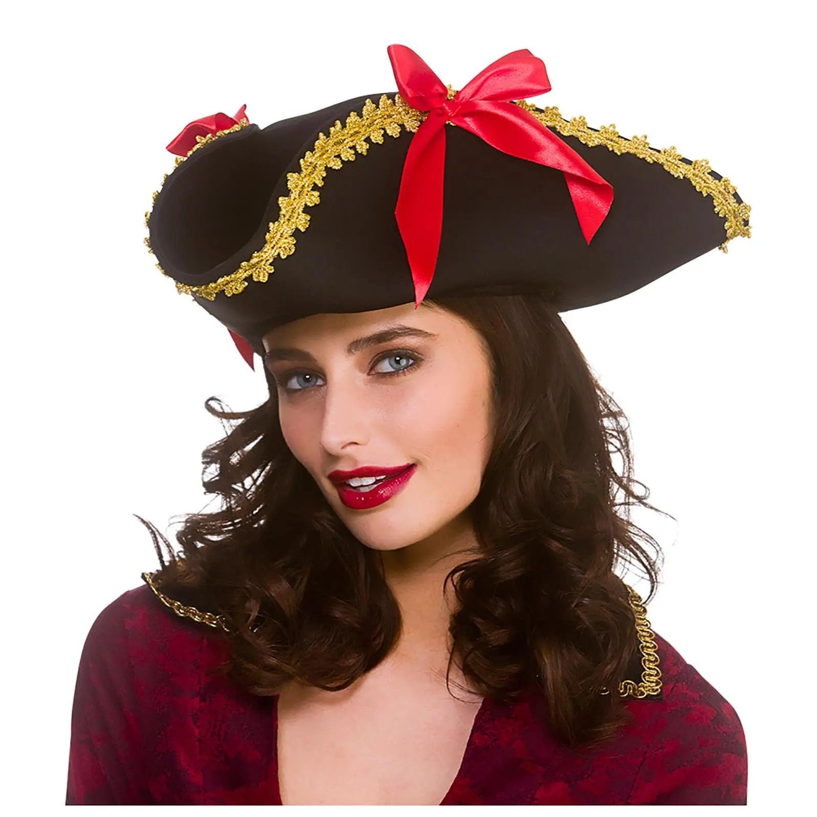 Womens Pirate Hat Red Ribbon Gold Braid Fancy Dress – XS-Stock.co.uk