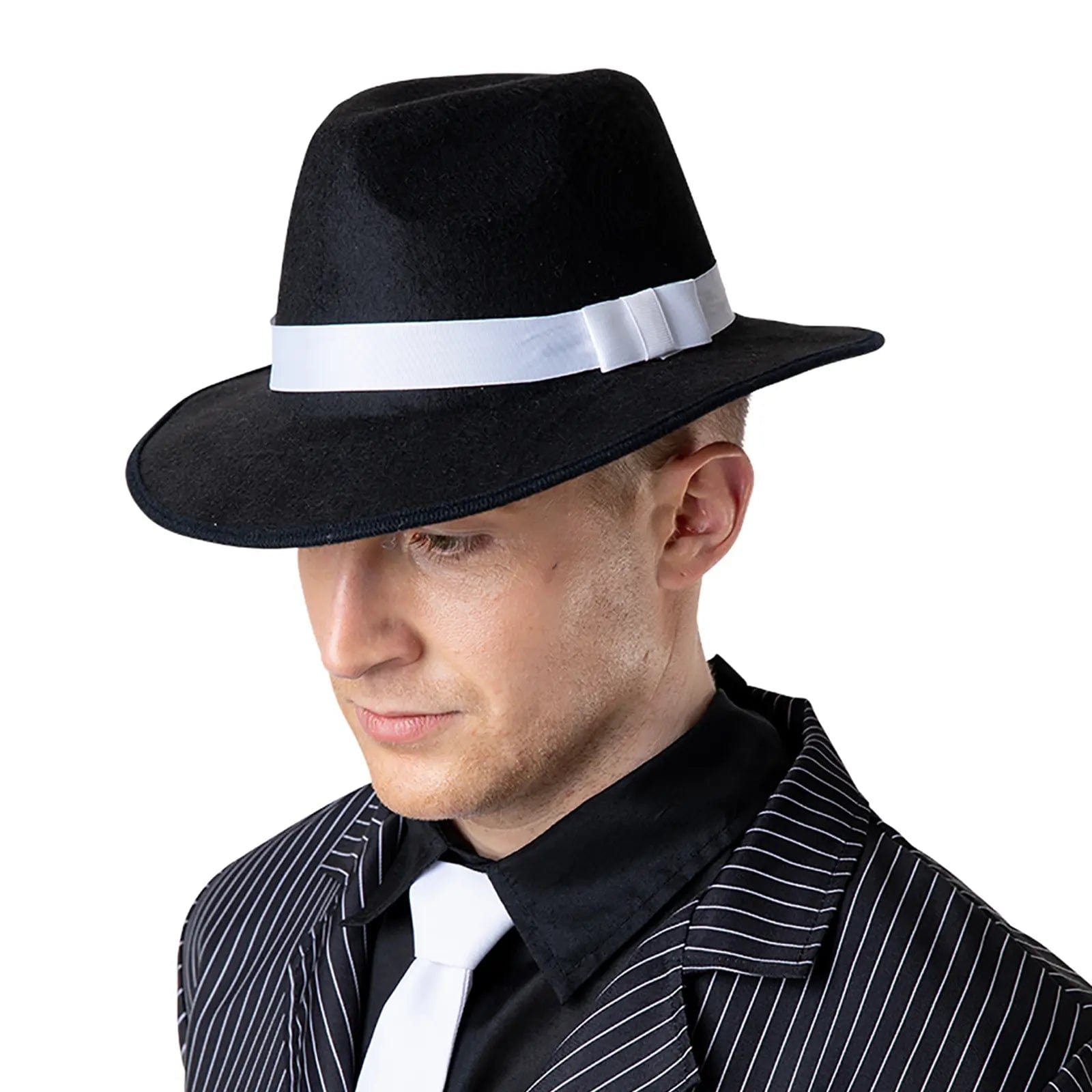 Buy Gangster Hat Black Fedora White Band Mafia | XS Stock – XS-Stock.co.uk