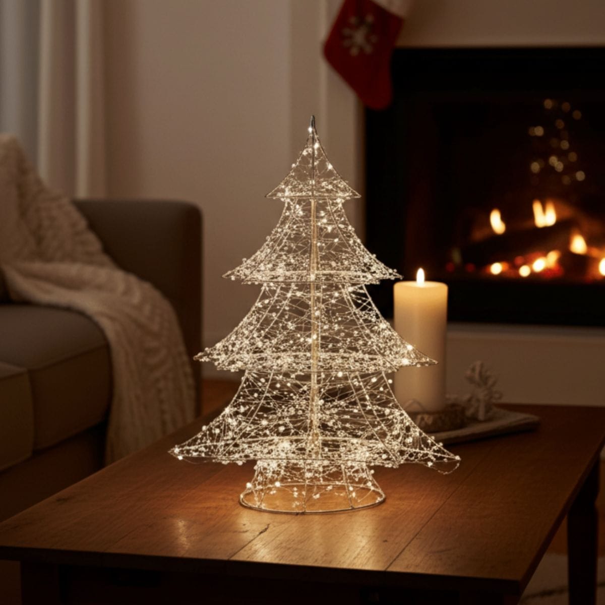 60cm 3D Christmas Tree Light Up Bead Decoration Copper Wire Warm White ...