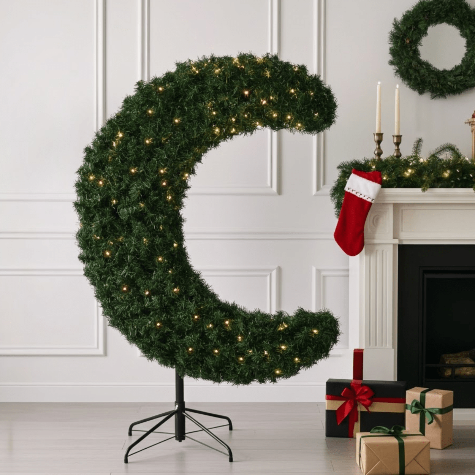 Pre-Lit Crescent Half Moon Shape Christmas Tree Warm White Lights 5ft ...