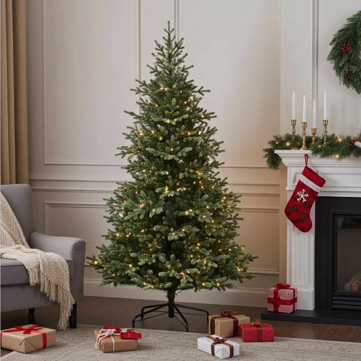 6ft Pre-Lit Green Artificial Christmas Tree Mixed Tips Warm White LED ...