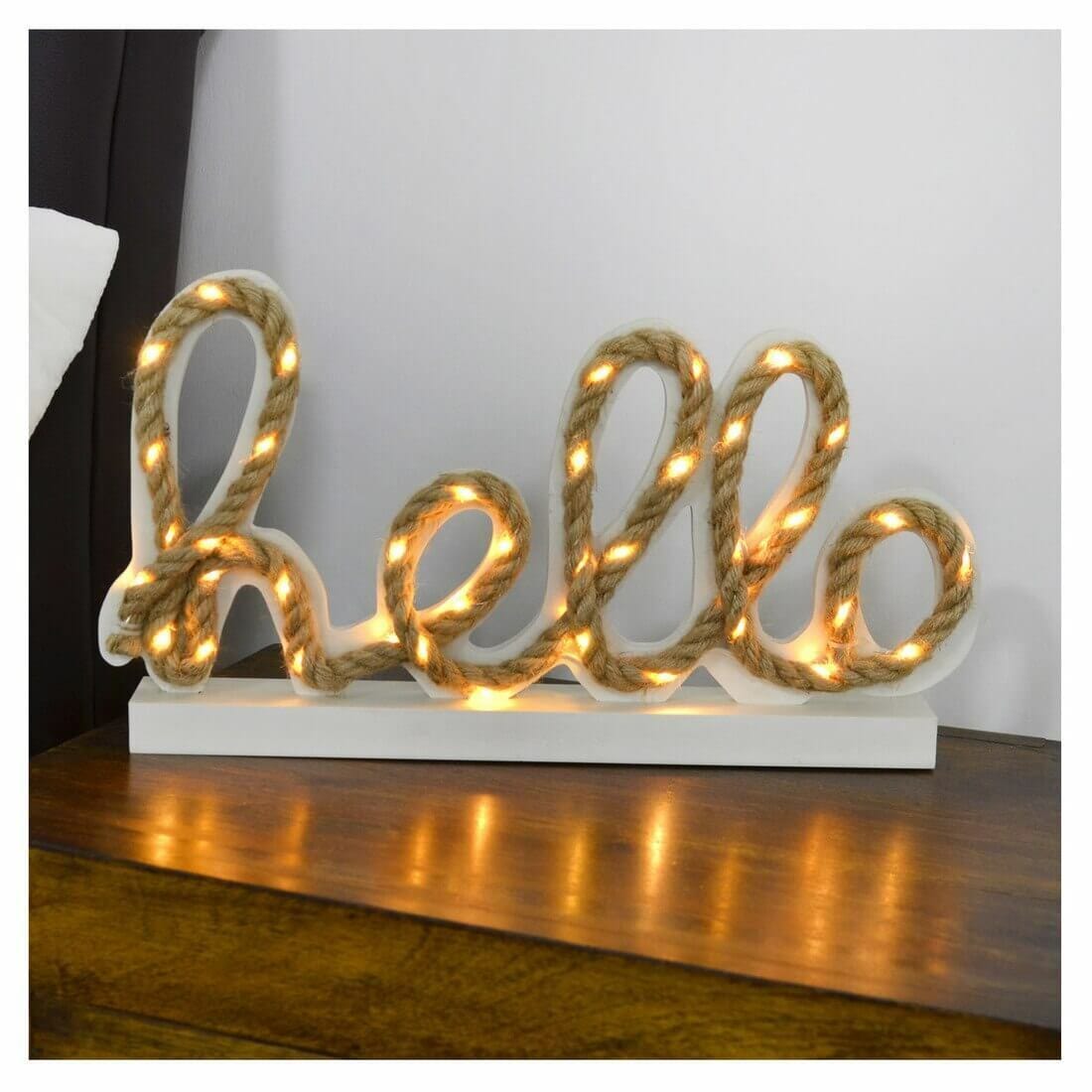 Hello White Wooden Light Up Sign With Rope Writing – XS-Stock.co.uk